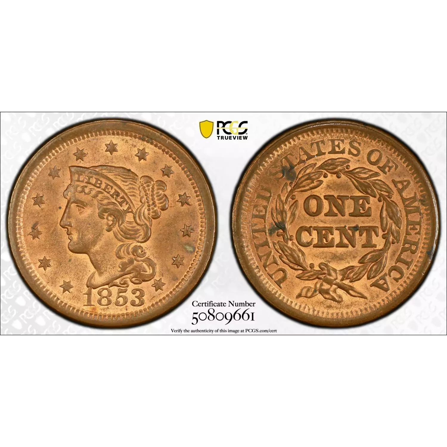 1853 Braided Hair Cent PCGS MS-63 RB - Hertel's Coins Inc.