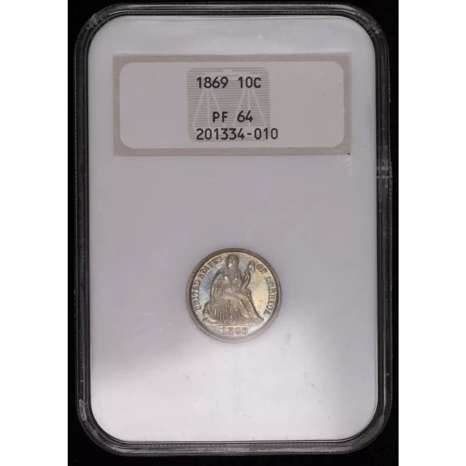 1869 Liberty Seated Dime NGC PF-64 Proof Fatty Holder - Hertel's Coins Inc.