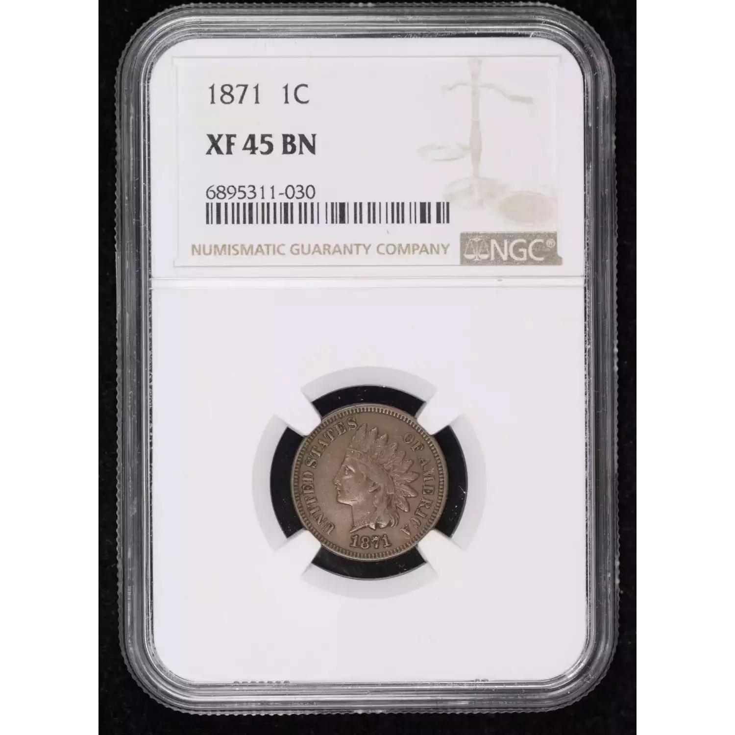 1871 Small Cents Indian Head NGC XF-45 BN - Hertel's Coins Inc.