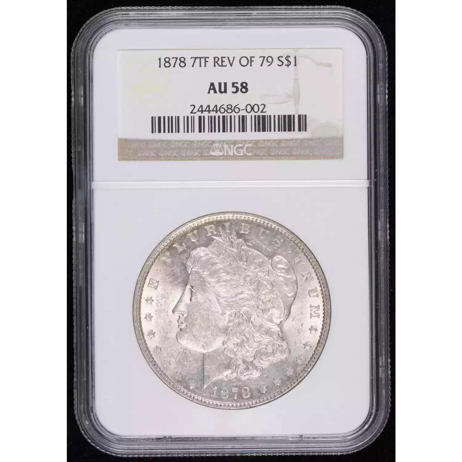 1878-7TF REVERSE 1879 Morgan Silver Dollar NGC AU-58 - Hertel's Coins Inc.