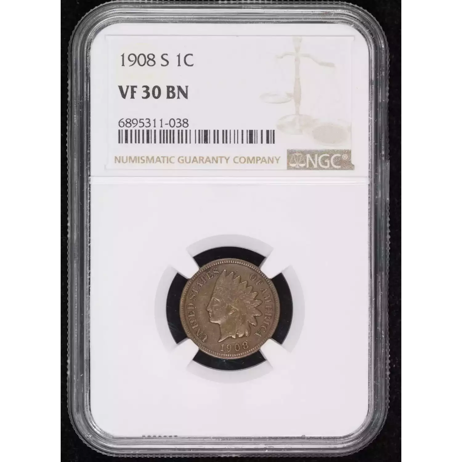 1908-S Small Cents Indian Head NGC VF-30 BN - Hertel's Coins Inc.