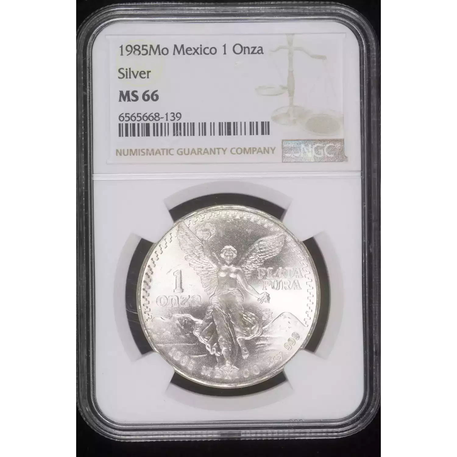 1985 MEXICO Silver ONZA (Troy Ounce of Silver) NGC MS-66 Mo Silver ...